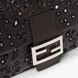 Fendi Baguette® 26424 Crackled Black Leather Bag With Wedge-shaped Mirrors